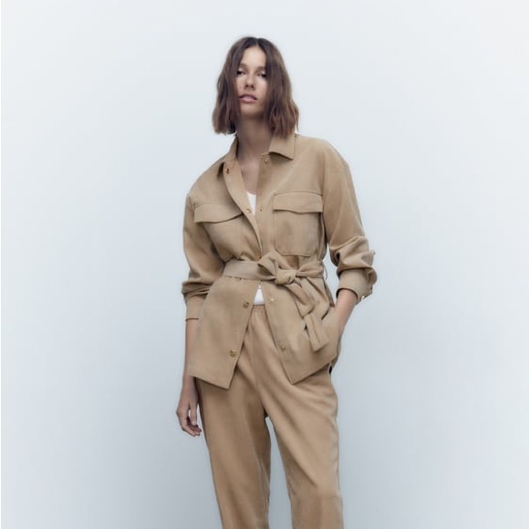 Zara | Jackets & Coats | Zara Belted Overshirt With Golden Buttons ...
